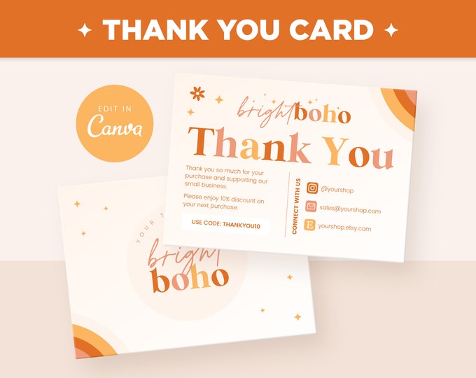 Thank You Card Template Editable in Canva, Bright Boho Beige Rainbow ...