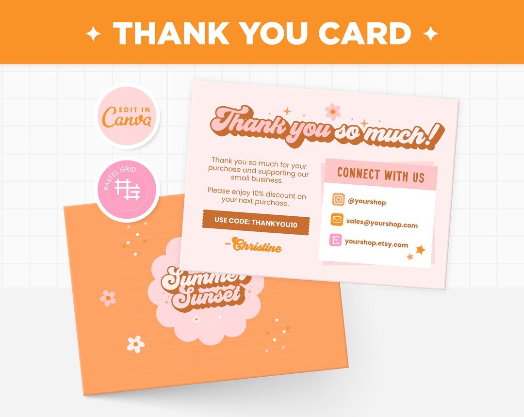 Thank You Card Template Editable in Canva, Pink Peach Orange Bright ...