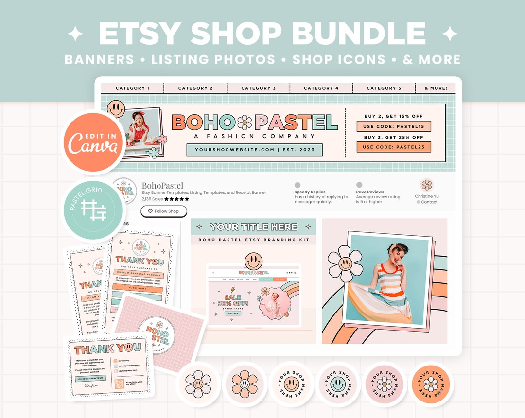 Etsy Shop Banner Templates Boho Pastel Retro Groovy Aesthetic Etsy ...