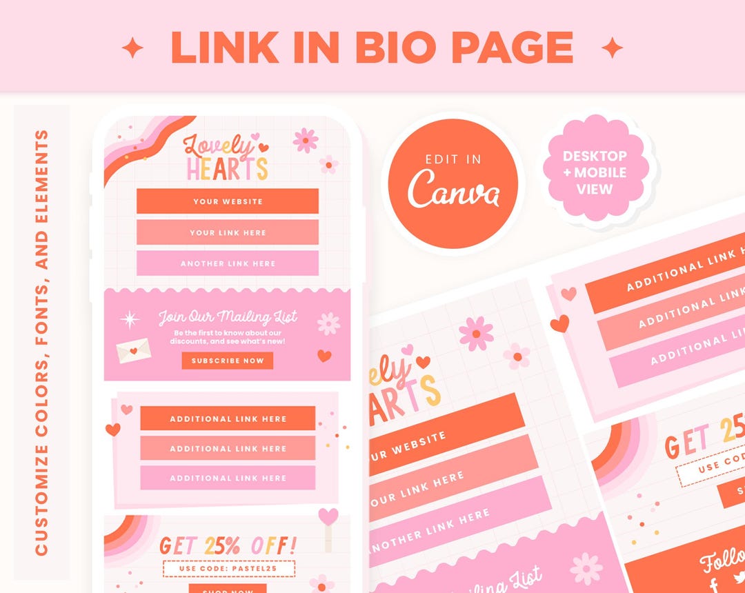 Link in Bio Canva Editable Template in Pink Red Hearts Colors Instagram ...