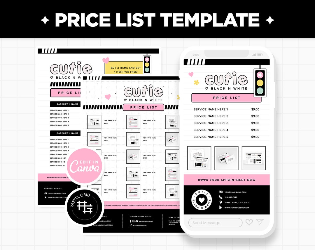 Price List Template Cute Black White Pink Editable Canva Beauty Salon ...