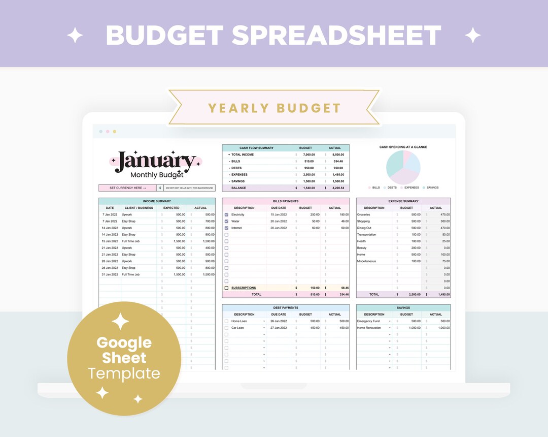 Pastel Budget Spreadsheet Extended, Digital Budget Planner, Annual and ...