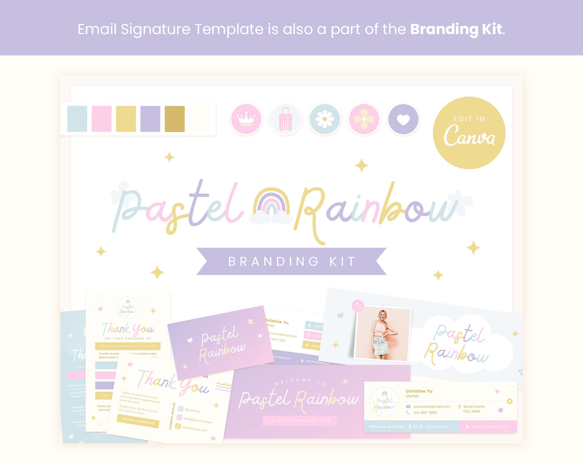 Email Signature Template Editable in Canva, Pastel Rainbow Colors ...