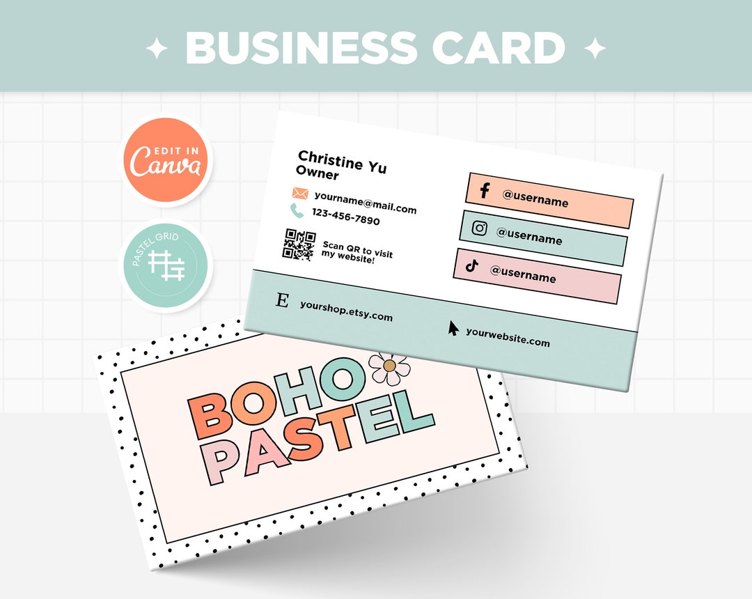 Business Card Template Editable in Canva - Boho Pastel Groovy Boho ...