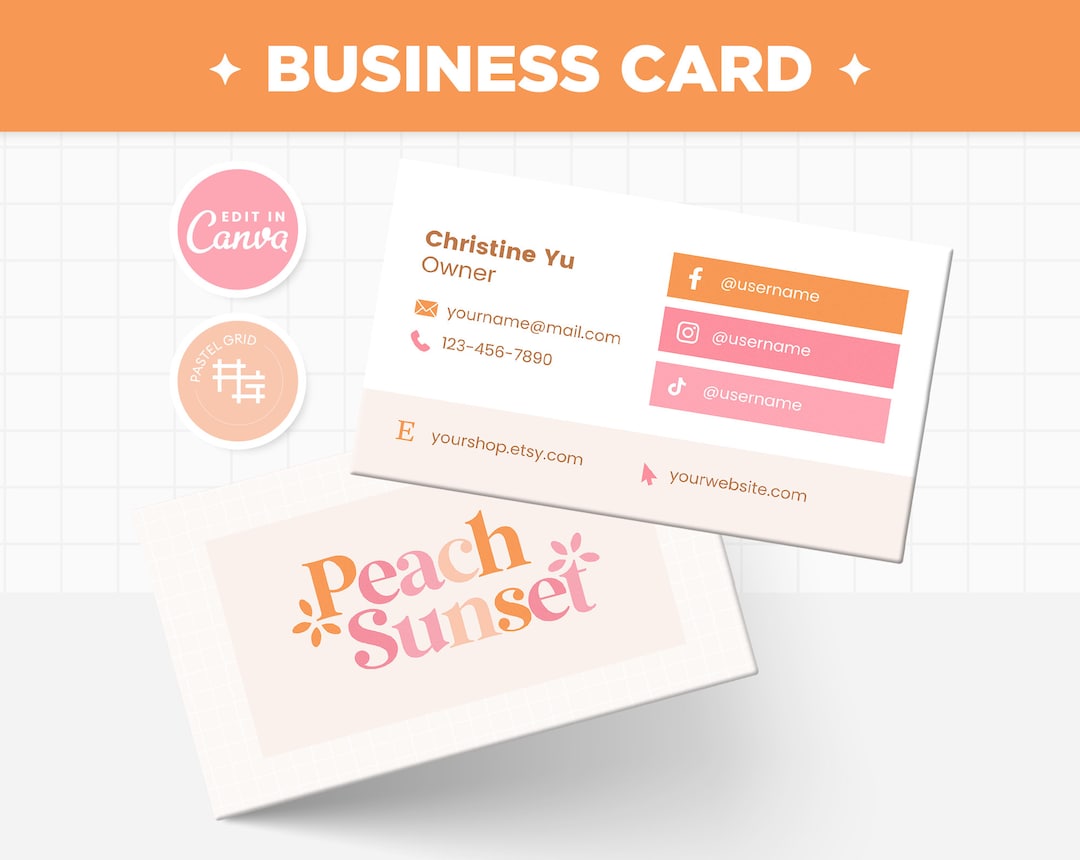 Business Card Template Editable in Canva Pink Peach Orange Bright ...