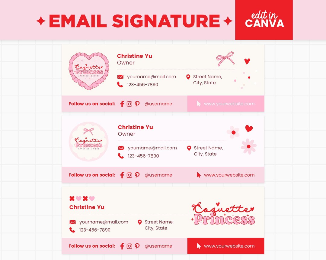 Email Signature Template Editable in Canva, Coquette Aesthetic Bows Red ...