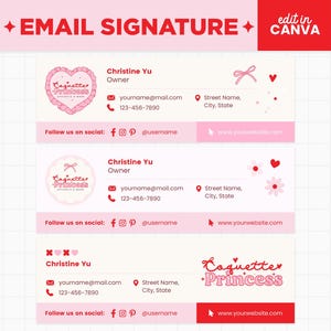 Email Signature Template Editable in Canva, Coquette Aesthetic Bows Red ...