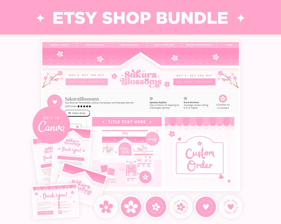 Etsy Shop Bundle - Etsy Banner Templates in Pink Sakura Cherry Blossoms ...