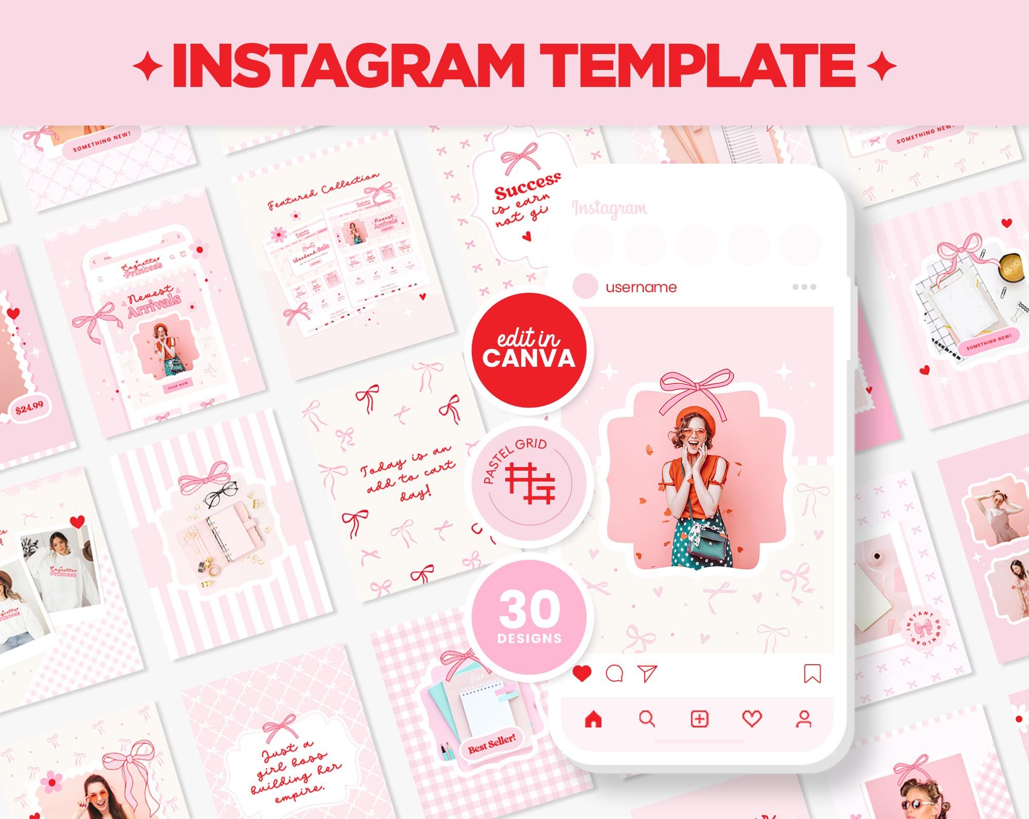 Instagram Posts Template Coquette Valentines Day Pink Red Colors Bundle ...