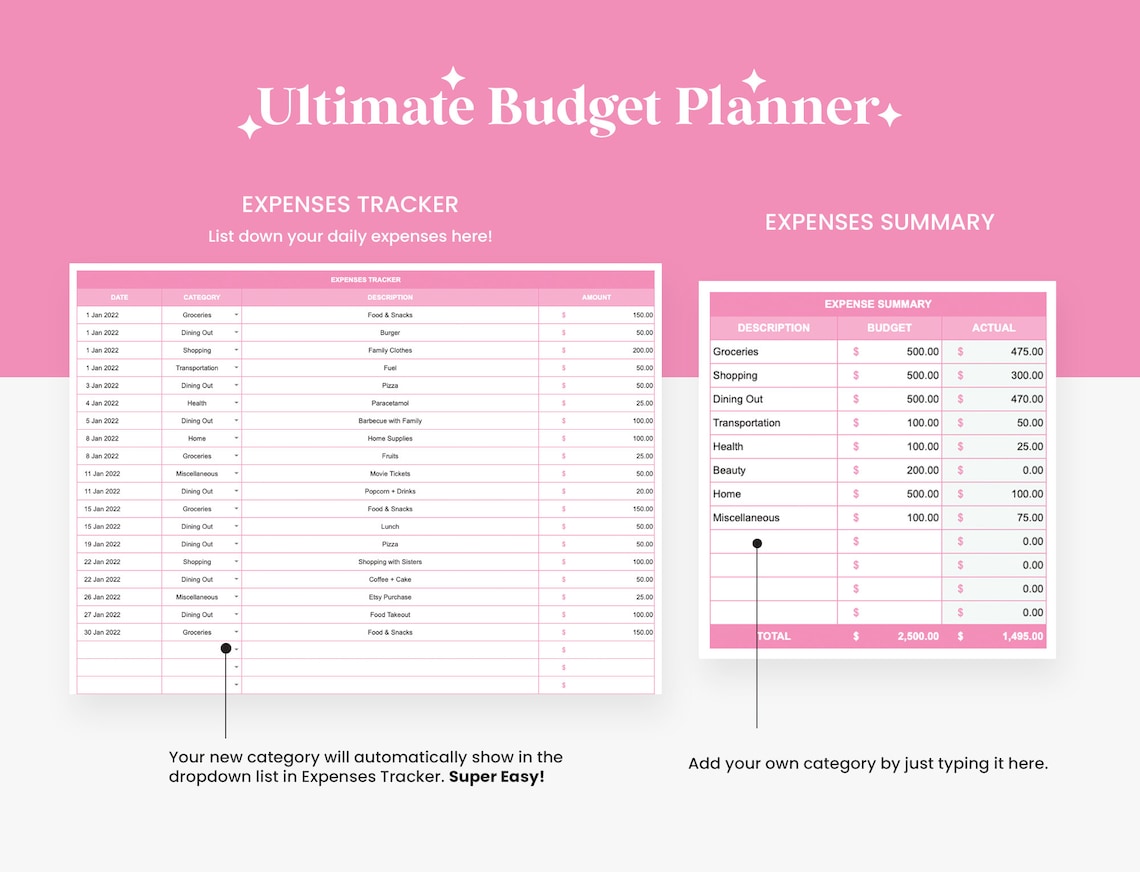 Pink Budget Spreadsheet Extended Digital Budget Planner - Etsy