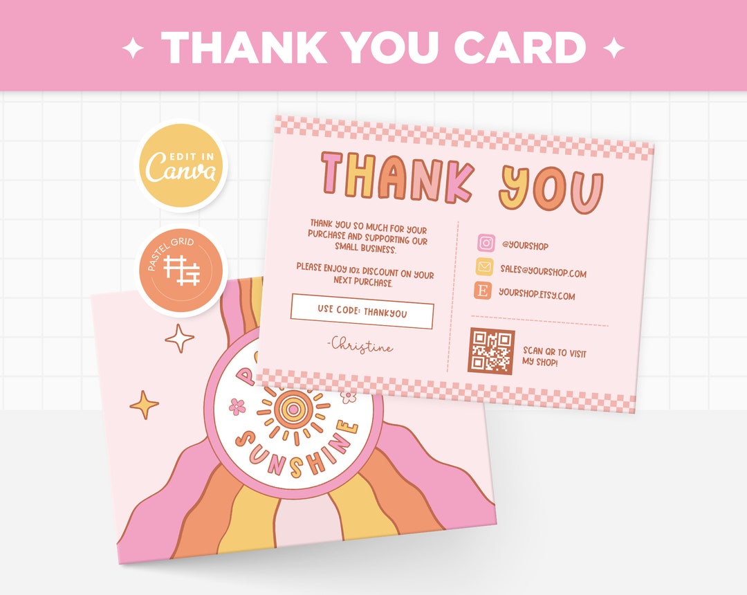 Thank You Card Template Editable in Canva, Rainbow Pink Orange Bright ...
