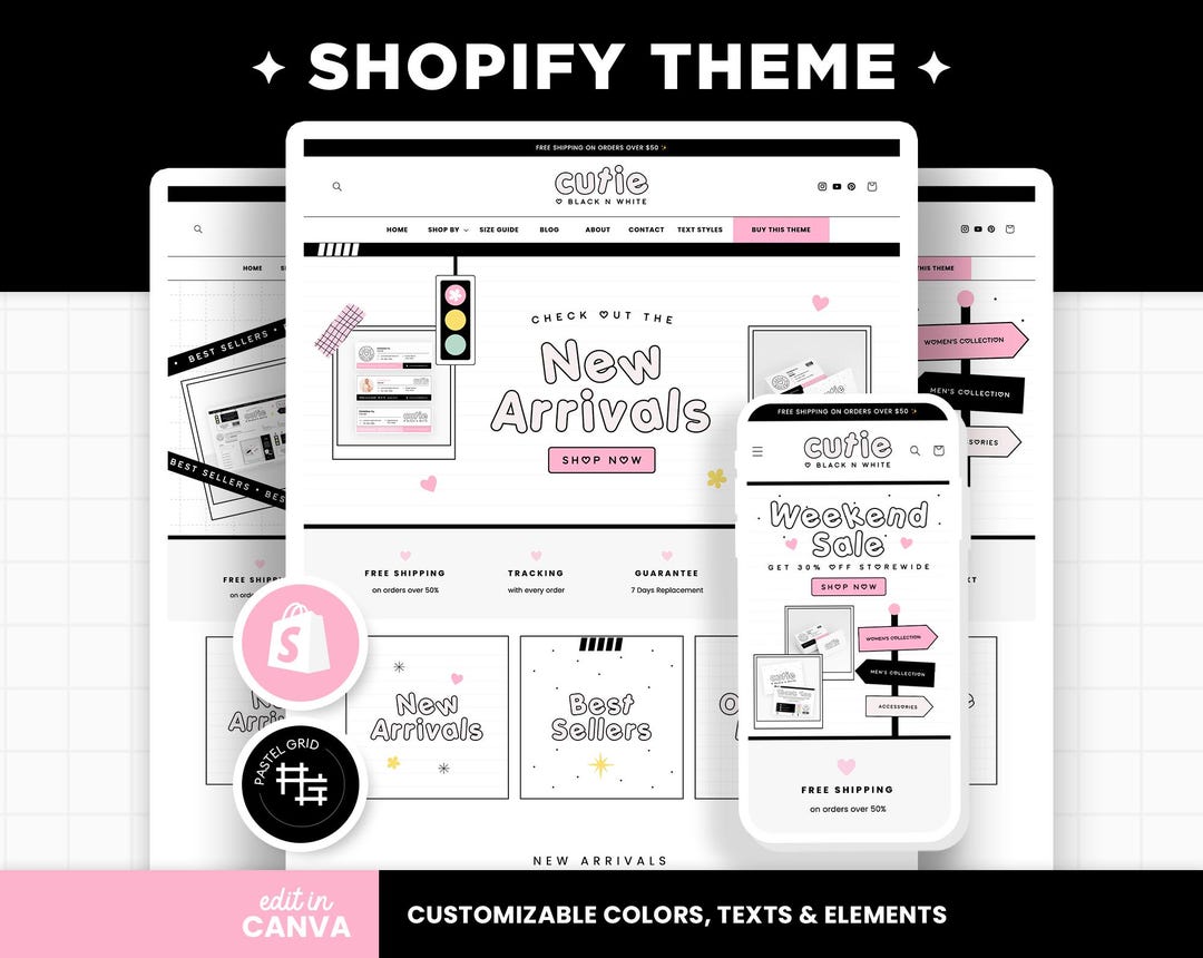 Shopify Theme Black White Pink Customizable Shopify Template Editable ...