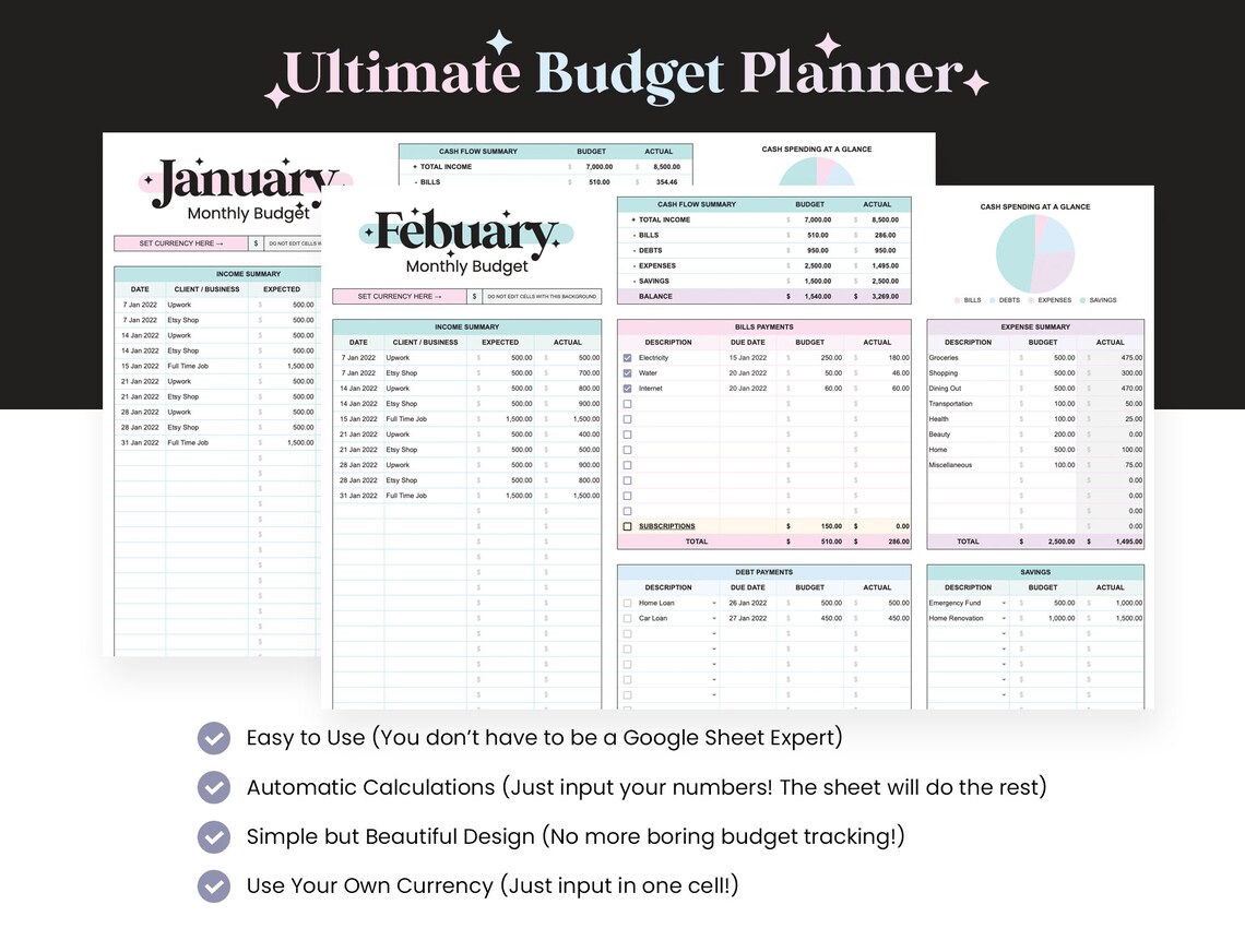 Pastel Budget Spreadsheet Extended, Digital Budget Planner, Annual and ...