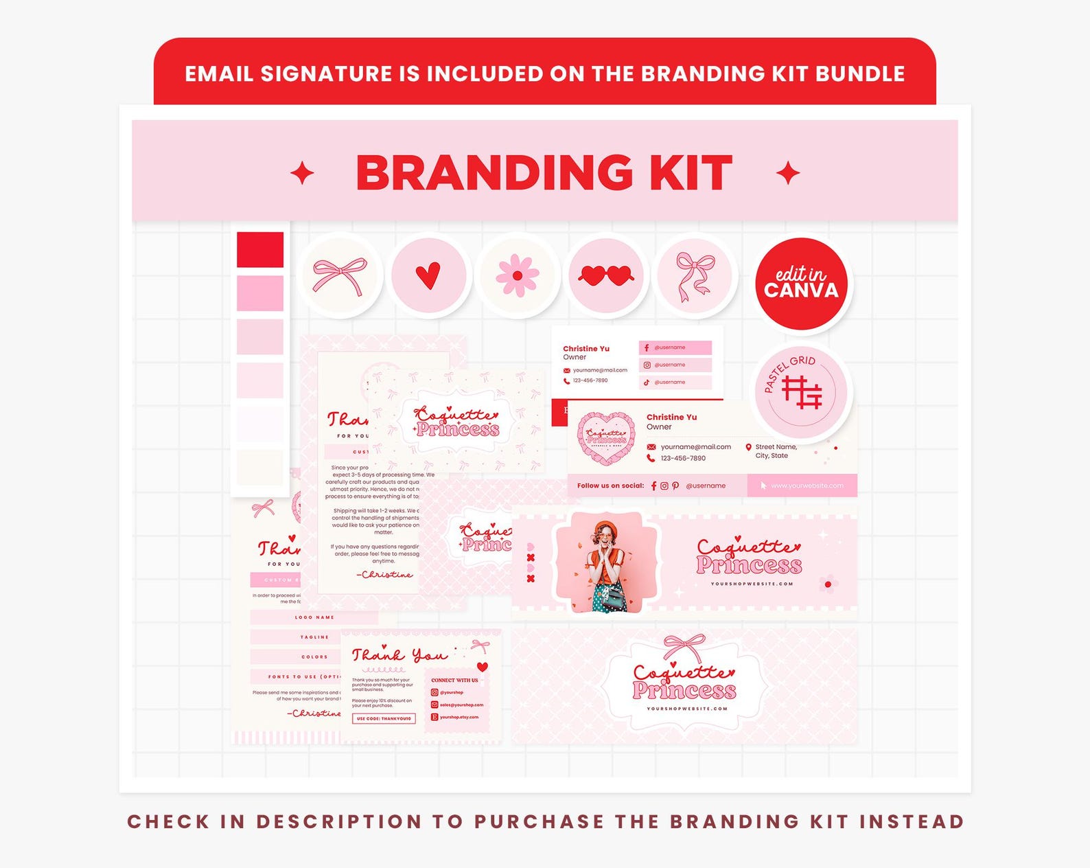 Email Signature Template Editable in Canva, Coquette Aesthetic Bows Red ...