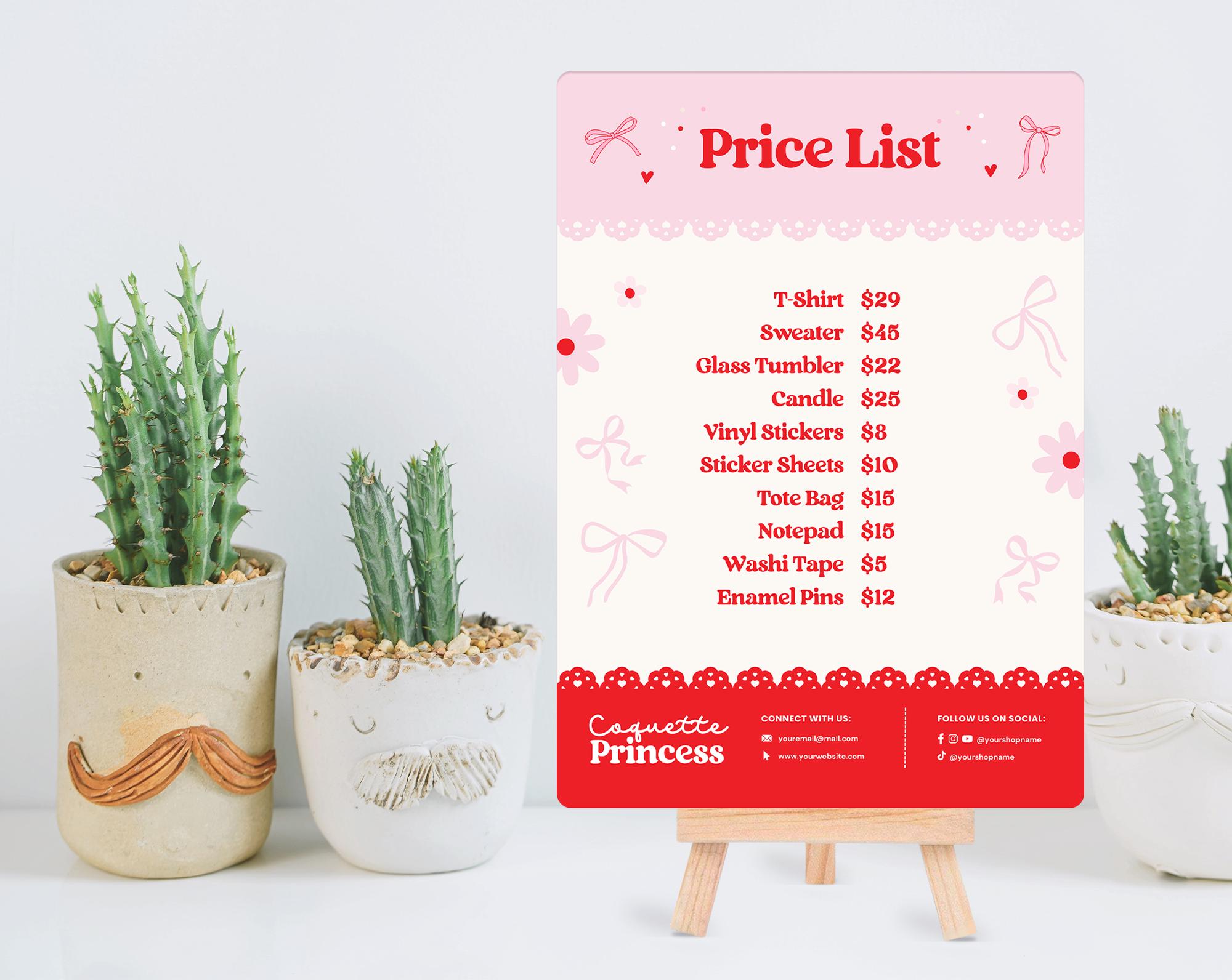 Price List Canva Template in Coquette Aesthetic, Pink and Red ...