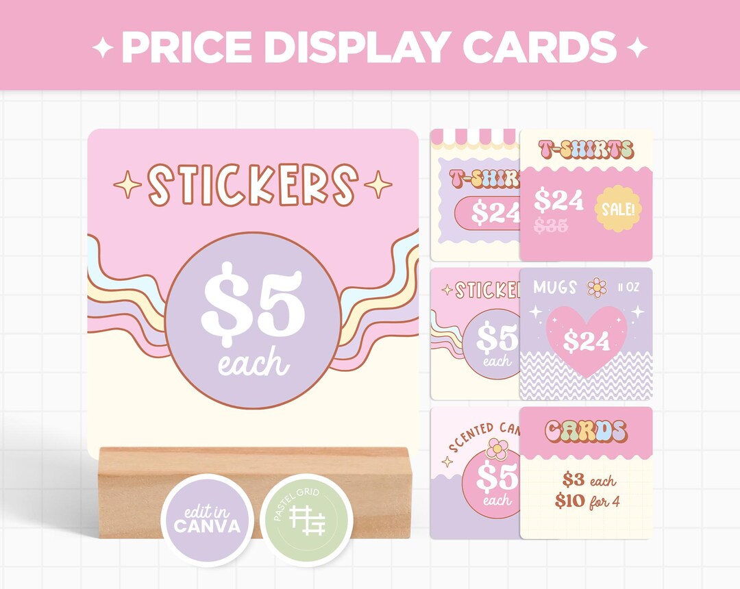 Price Display Cards Editable Canva Template Danish Pastel Rainbow Pink ...