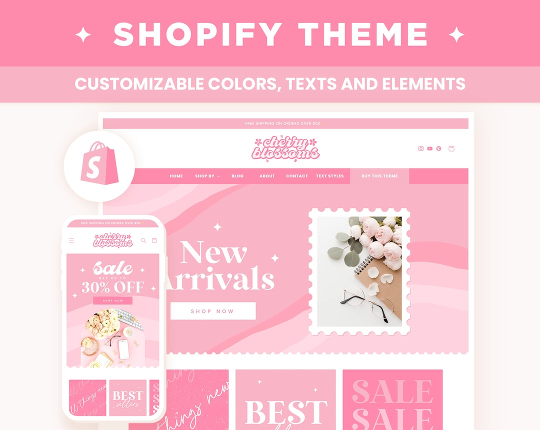 Pink Shopify Theme, Shopify 2.0, Editable Canva Banners, Cherry ...
