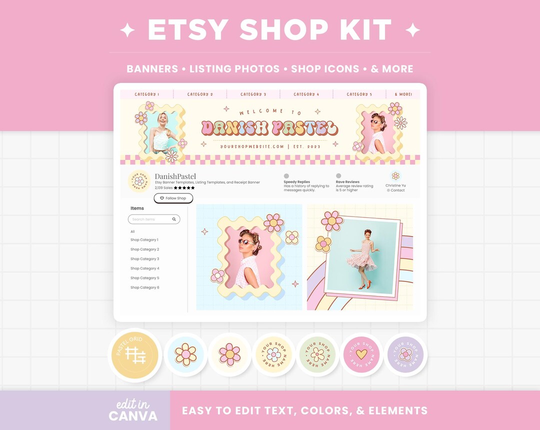 Etsy Shop Banner Templates Danish Pastel Retro Groovy Aesthetic Etsy ...