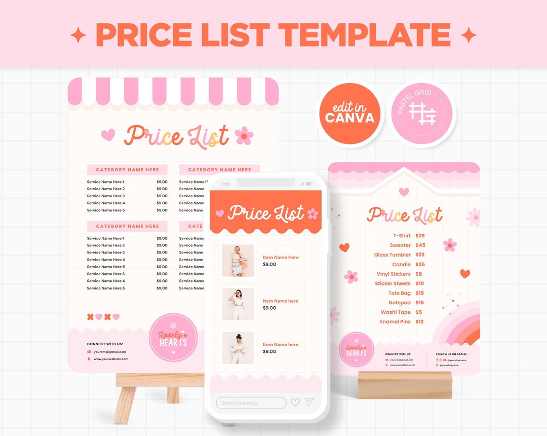 Price List Canva Template in Red Pink Hearts Floral Aesthetic ...
