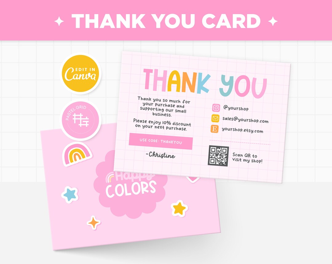 Thank You Card Template Editable in Canva, Rainbow Pink Orange Bright ...