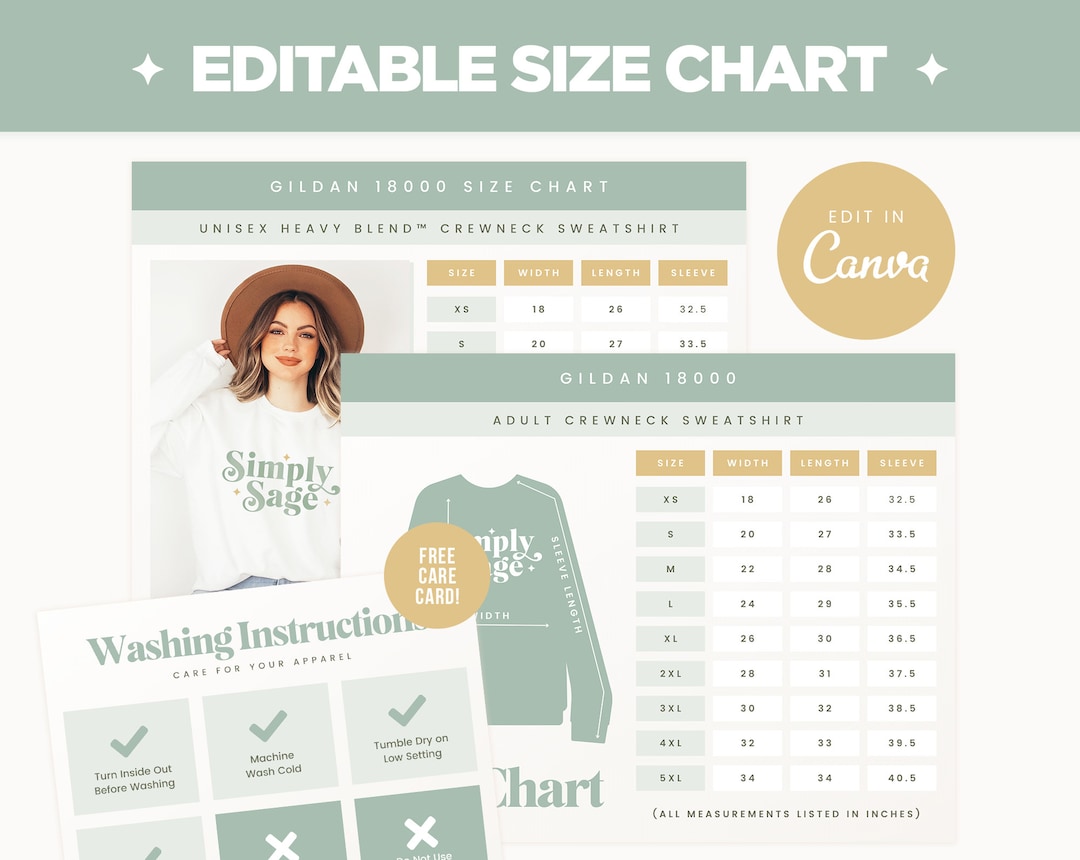 Size Chart and Care Instructions for Gildan 18000, Gildan 18500 ...