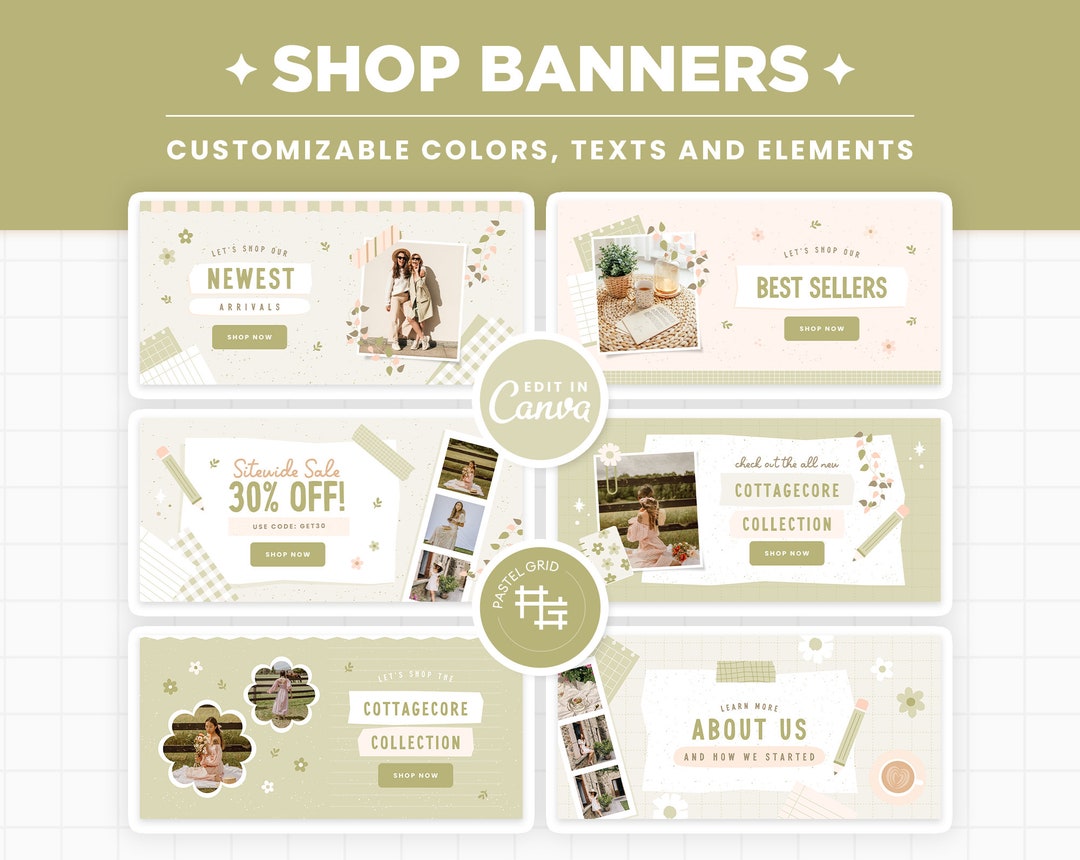 Shop Banners Cottagecore Green Sage Editable via Canva, Shopify Banners ...