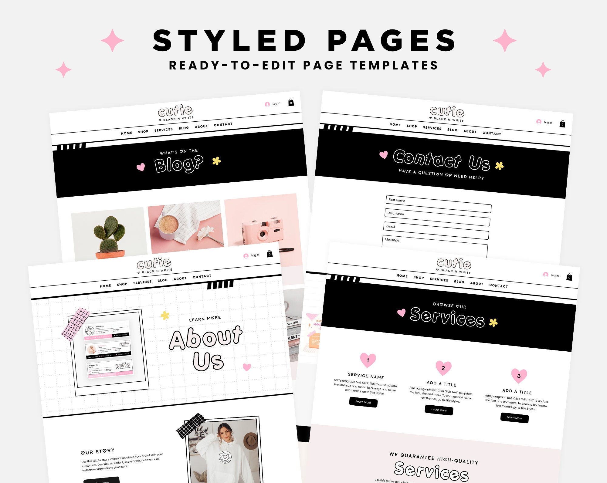 Wix Template in Black White Pink - Cute Wix Website Theme, Editable ...