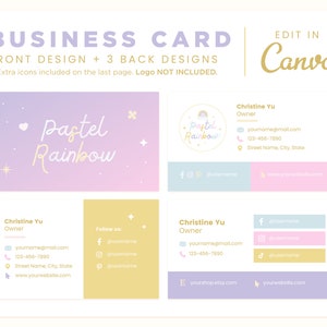 Business Card Template Editable in Canva, Pastel Rainbow Colors Cute ...