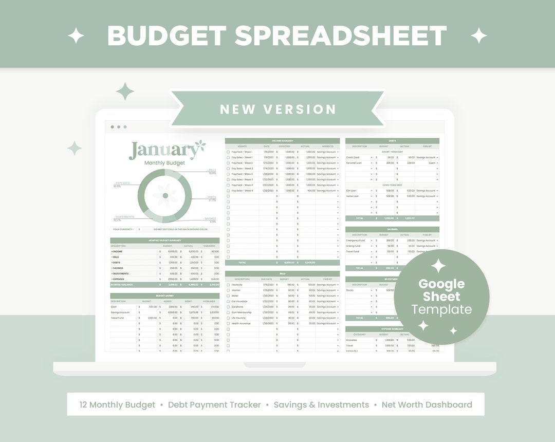 Budget Spreadsheet in Sage Green Colors, Digital Budget Planner, Annual ...