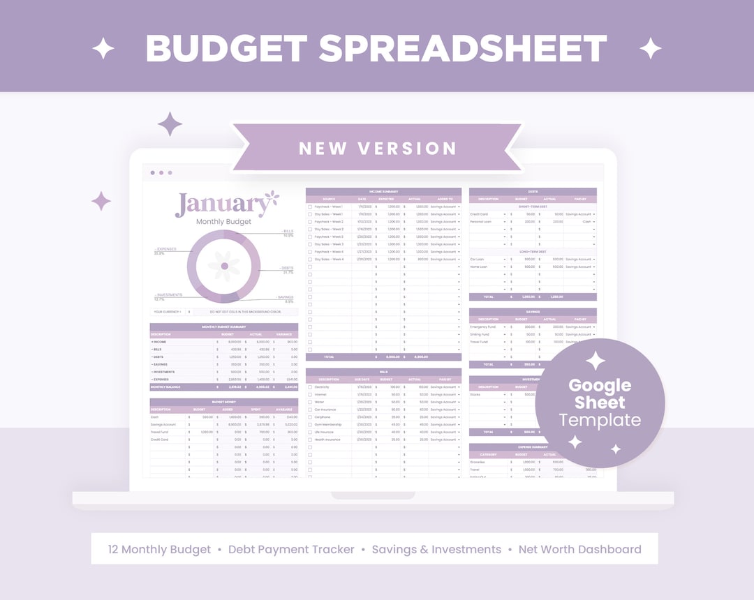 Budget Spreadsheet in Purple Lilac Colors, Digital Budget Planner ...