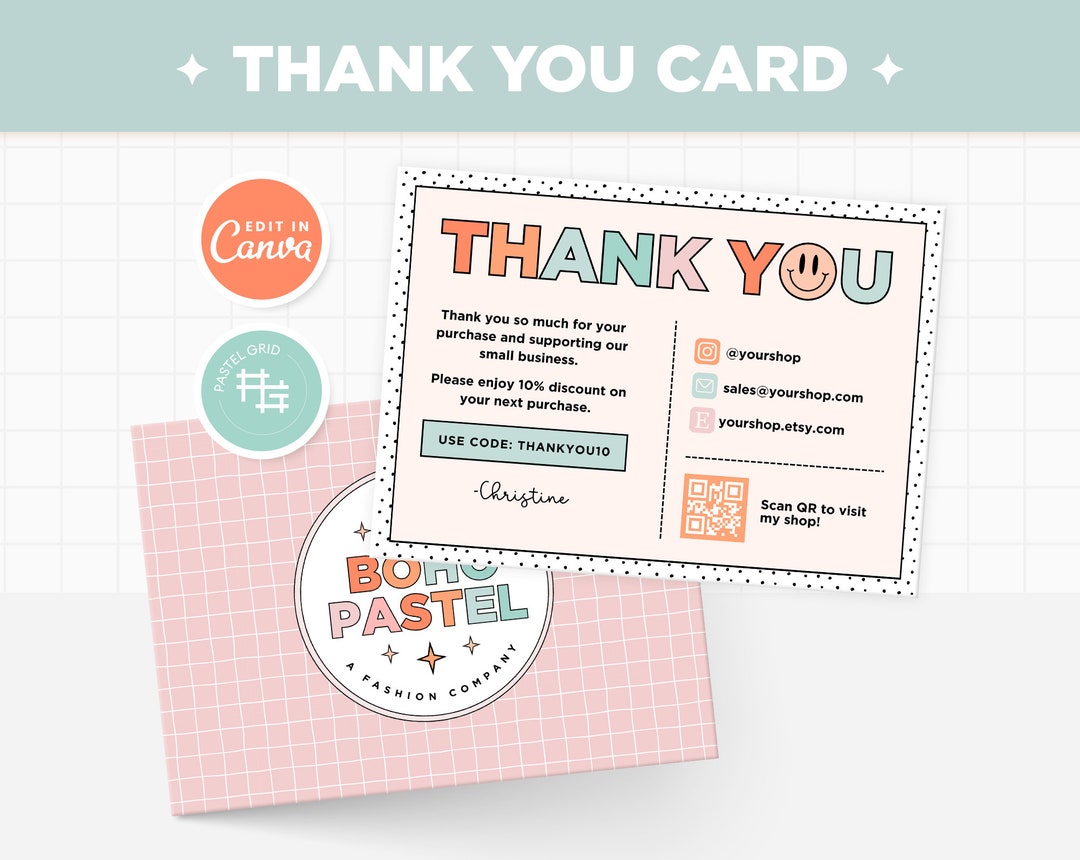 Thank You Card Template Editable in Boho Pastel Groovy Rainbow Colors ...