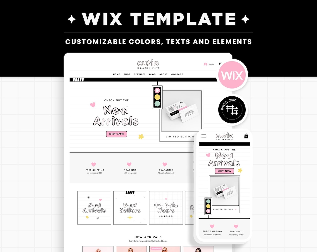 Wix Template in Black White Pink - Cute Wix Website Theme, Editable ...