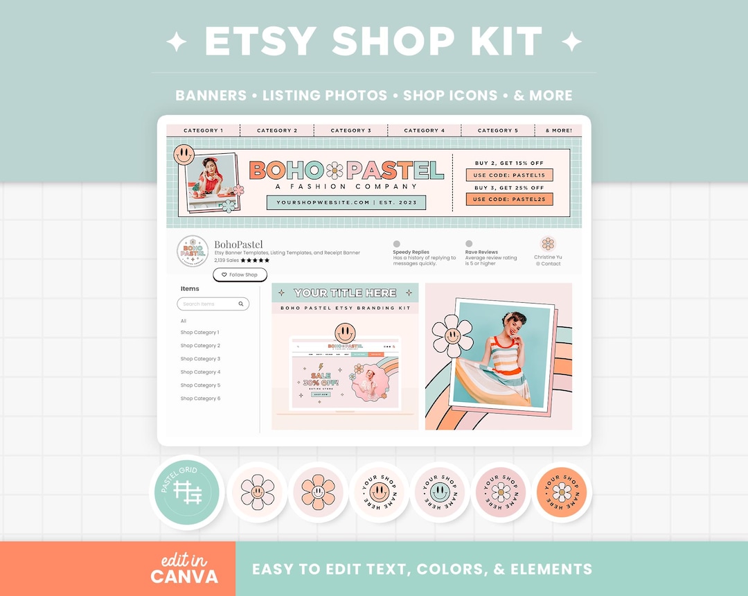 Etsy Shop Banner Templates Boho Pastel Retro Groovy Aesthetic Etsy ...