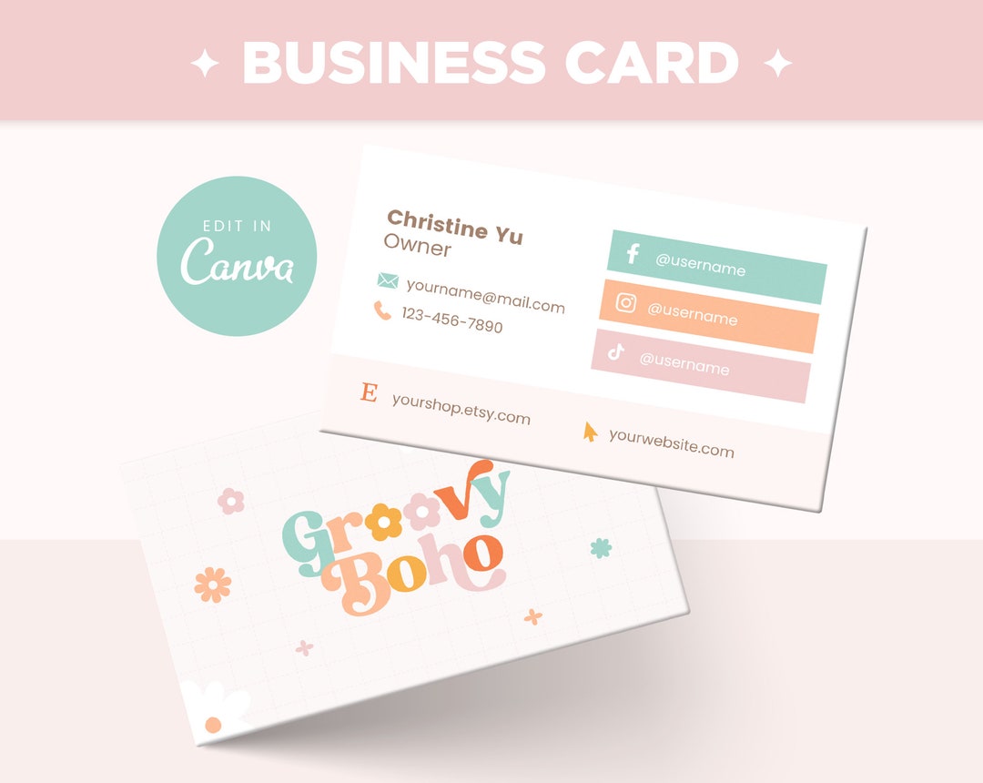 Business Card Template Editable in Canva, Groovy Boho Pastel ...