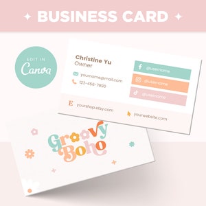 Business Card Template Editable in Canva, Groovy Boho Pastel ...