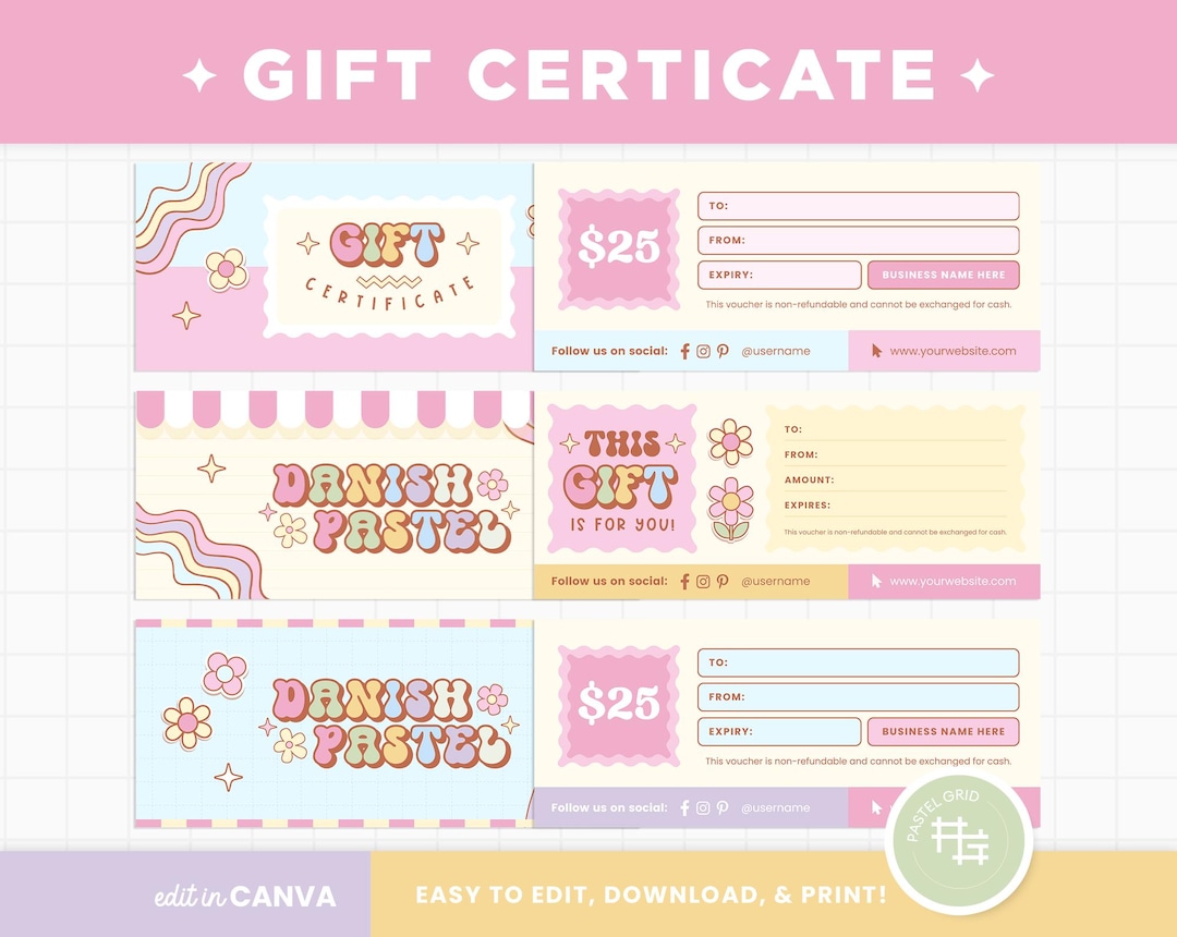 Gift Certificate Editable Canva Template Danish Pastel Rainbow Pink ...