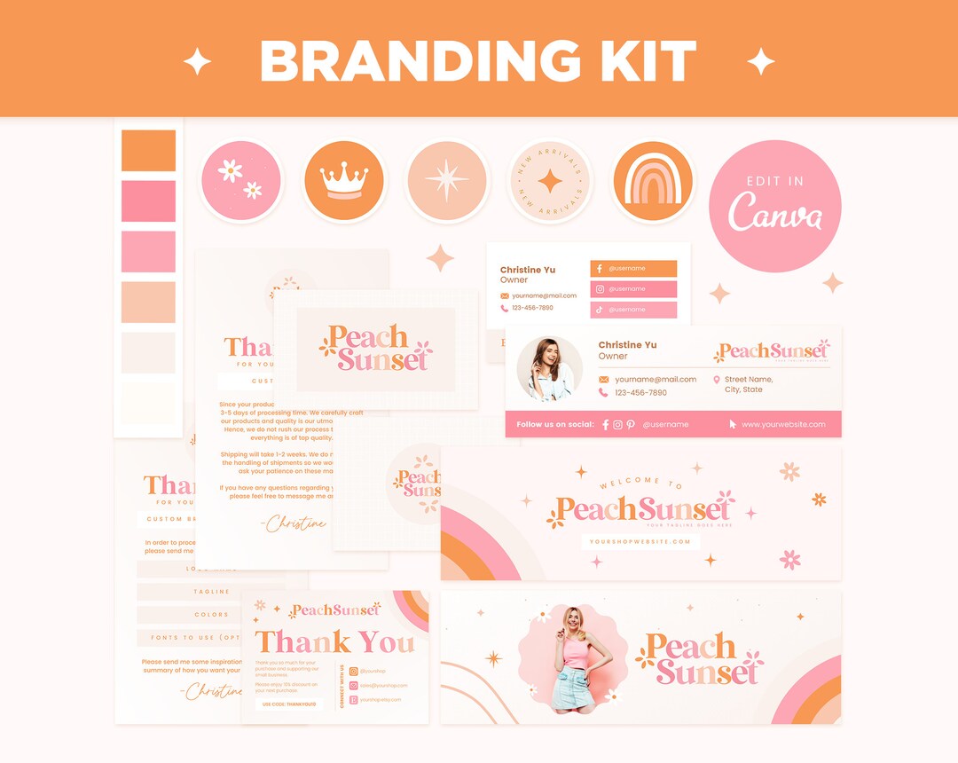 Branding Kit Peach Pink Orange Canva Templates Editable Business Cards ...