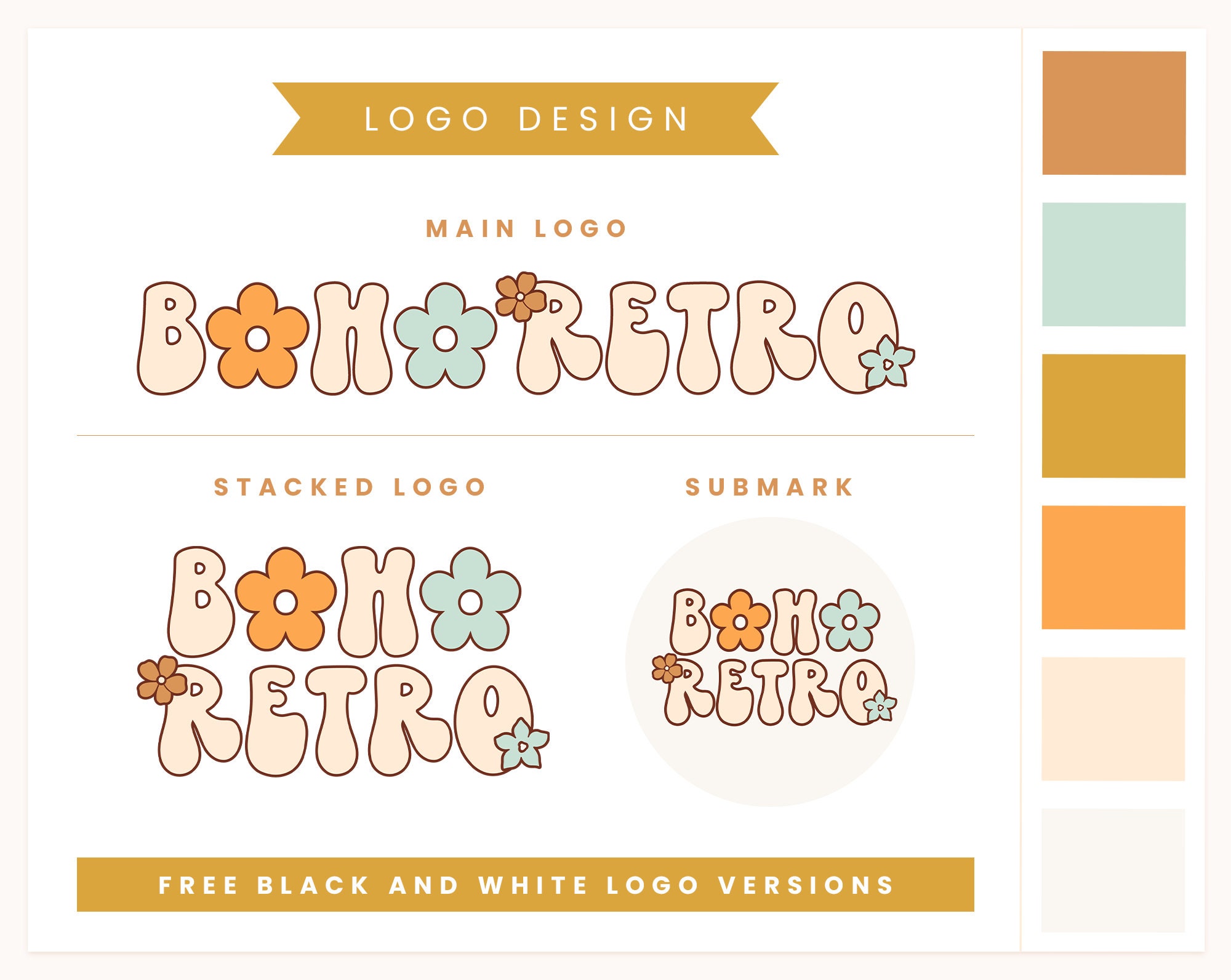Branding Logo Design Boho Retro Groovy Rainbow Beige Orange - Etsy
