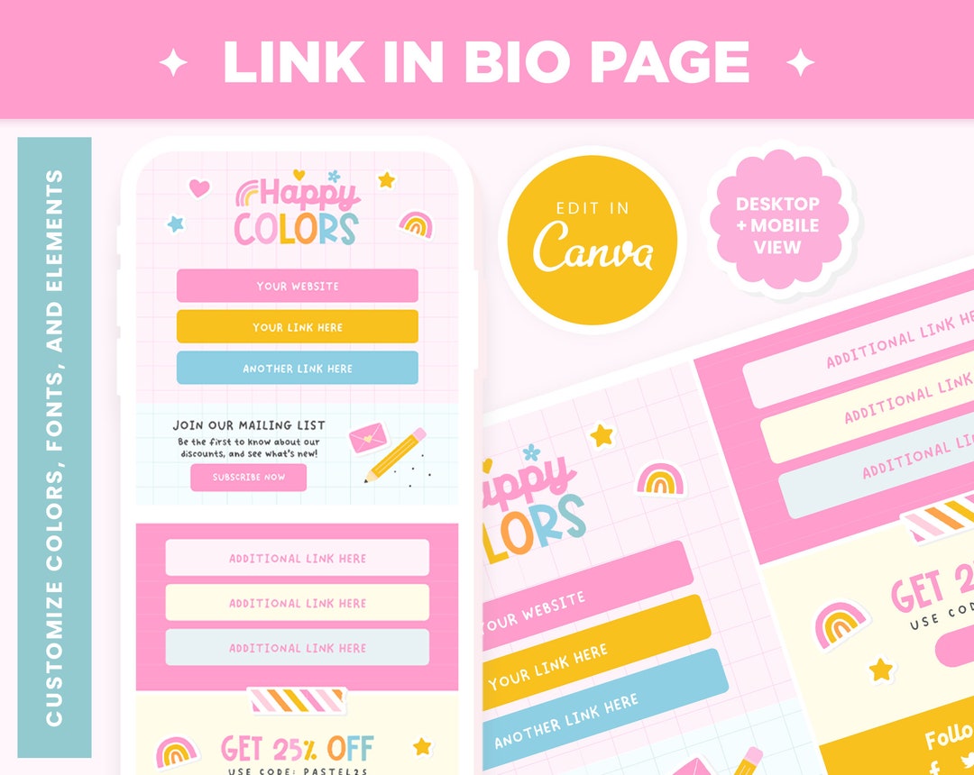 Link in Bio Canva Editable Template in Bright Colors - Instagram Link Landing Page Cute and ...