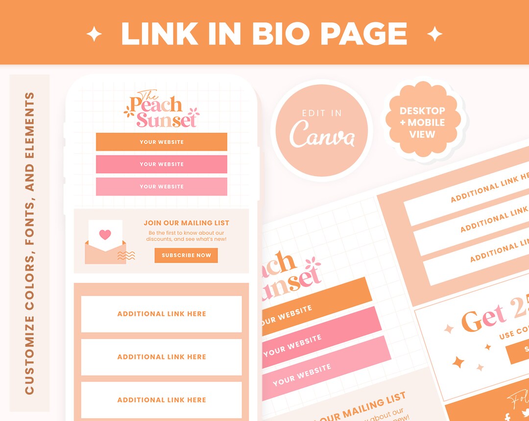 Link in Bio Canva Editable Template in Peach Pink Orange Colors ...