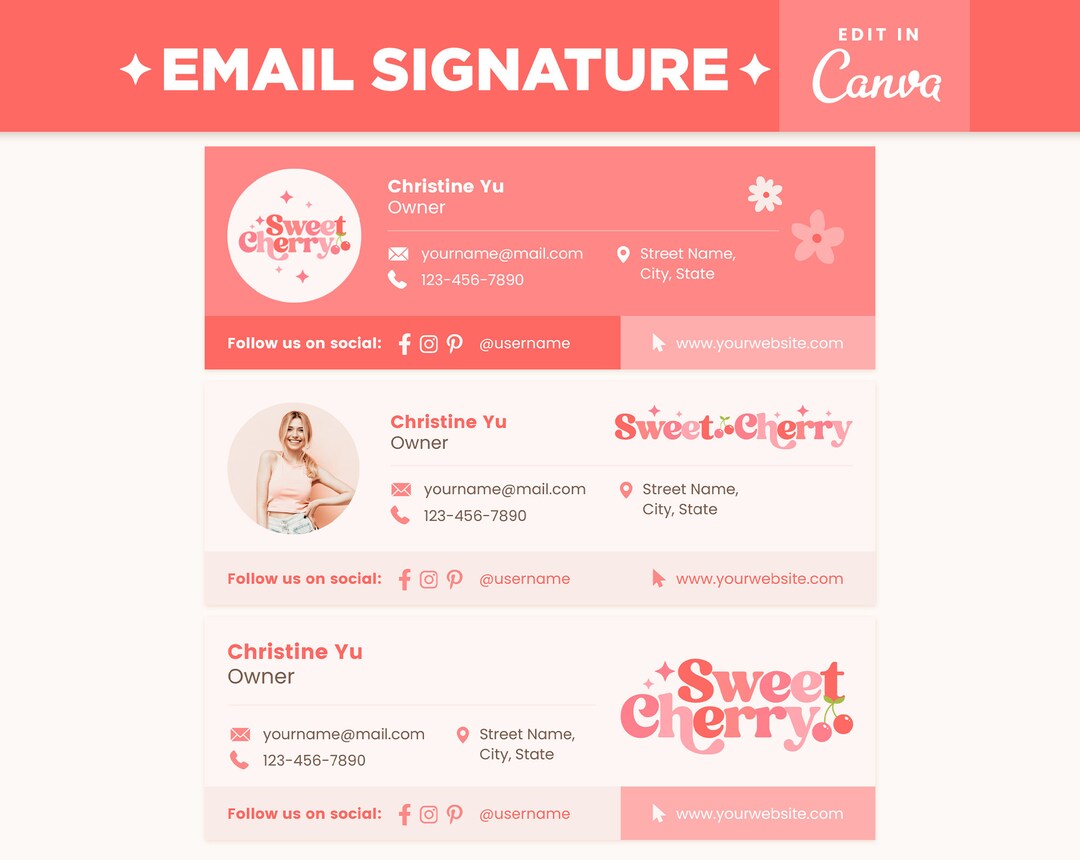 Email Signature Template Editable in Canva, Red Pink Cherry Colors ...