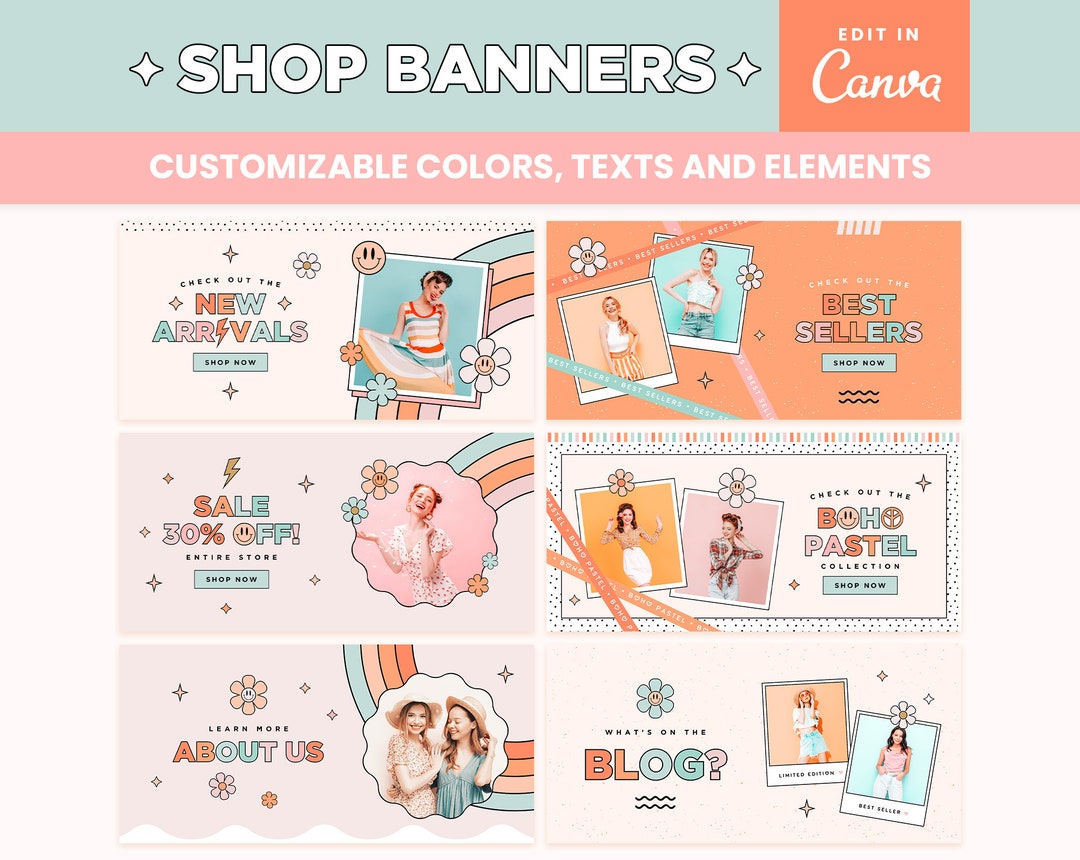 Shop Banners Boho Pastel Rainbow Colors Editable via Canva, Shopify ...
