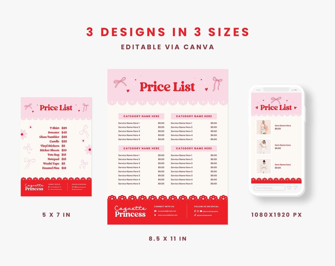 Price List Canva Template in Coquette Aesthetic, Pink and Red ...