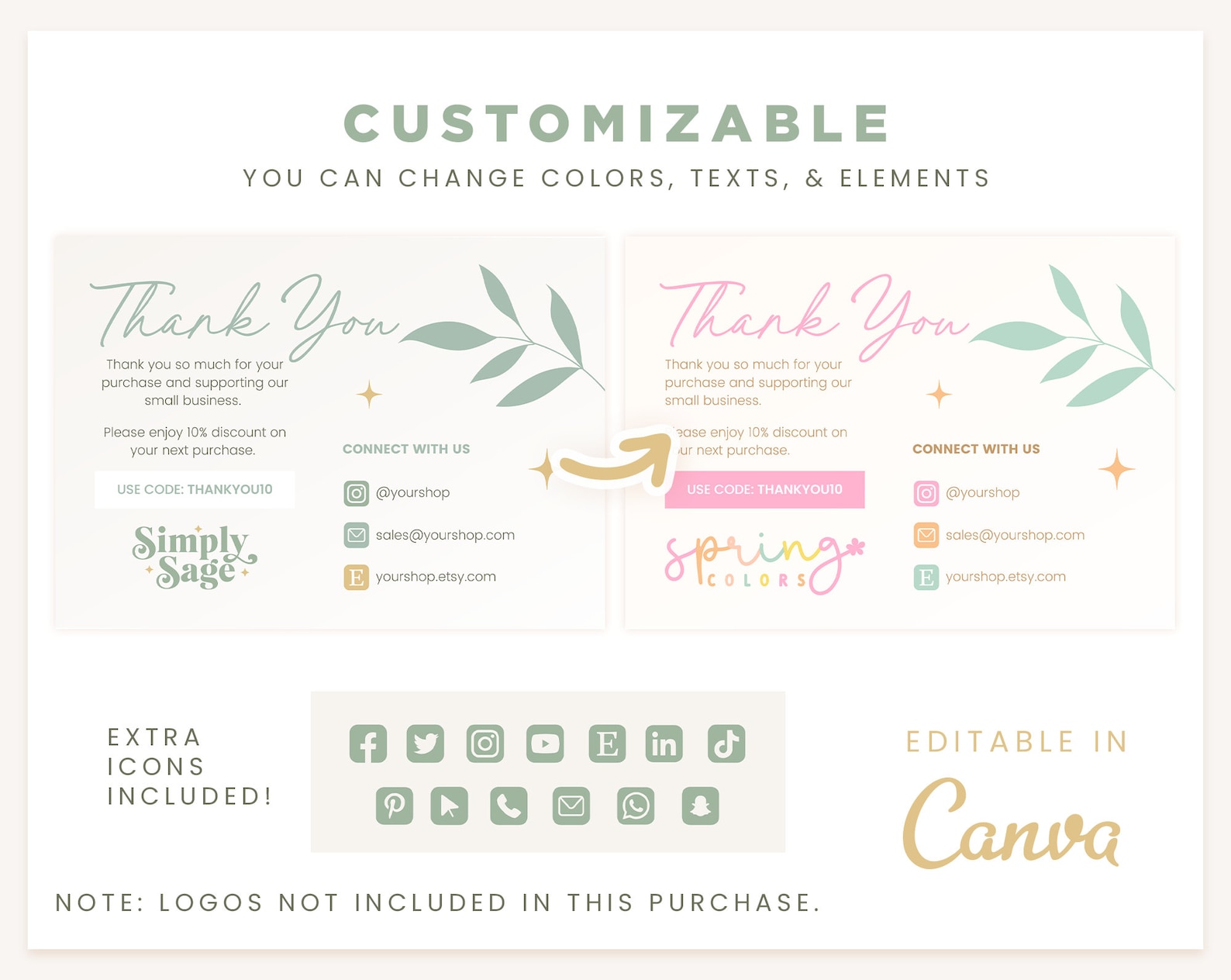 Thank You Card Template Editable in Canva Sage Green - Etsy