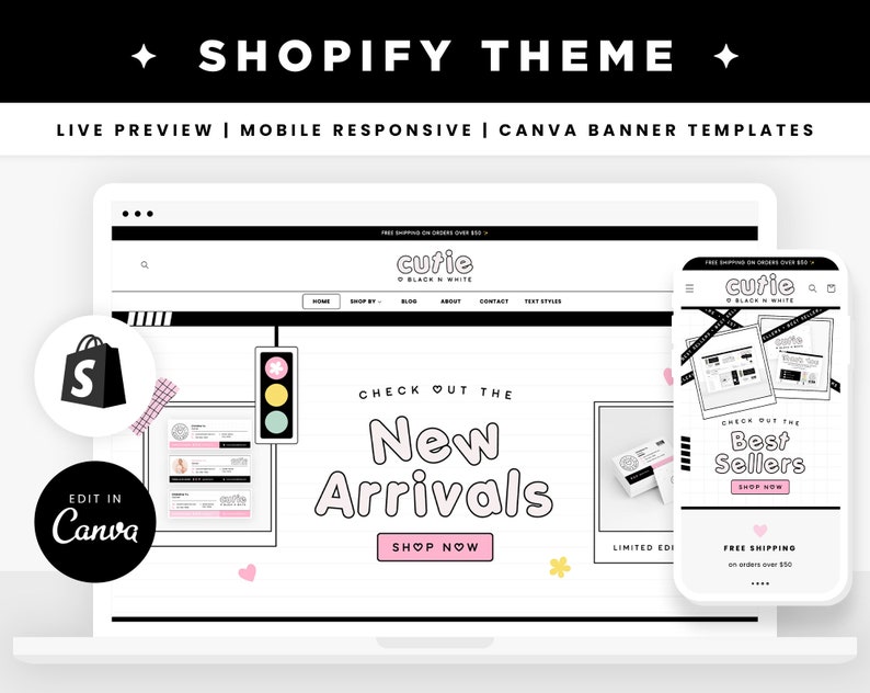 Shopify Theme Black White Pink Customizable Shopify Template - Etsy