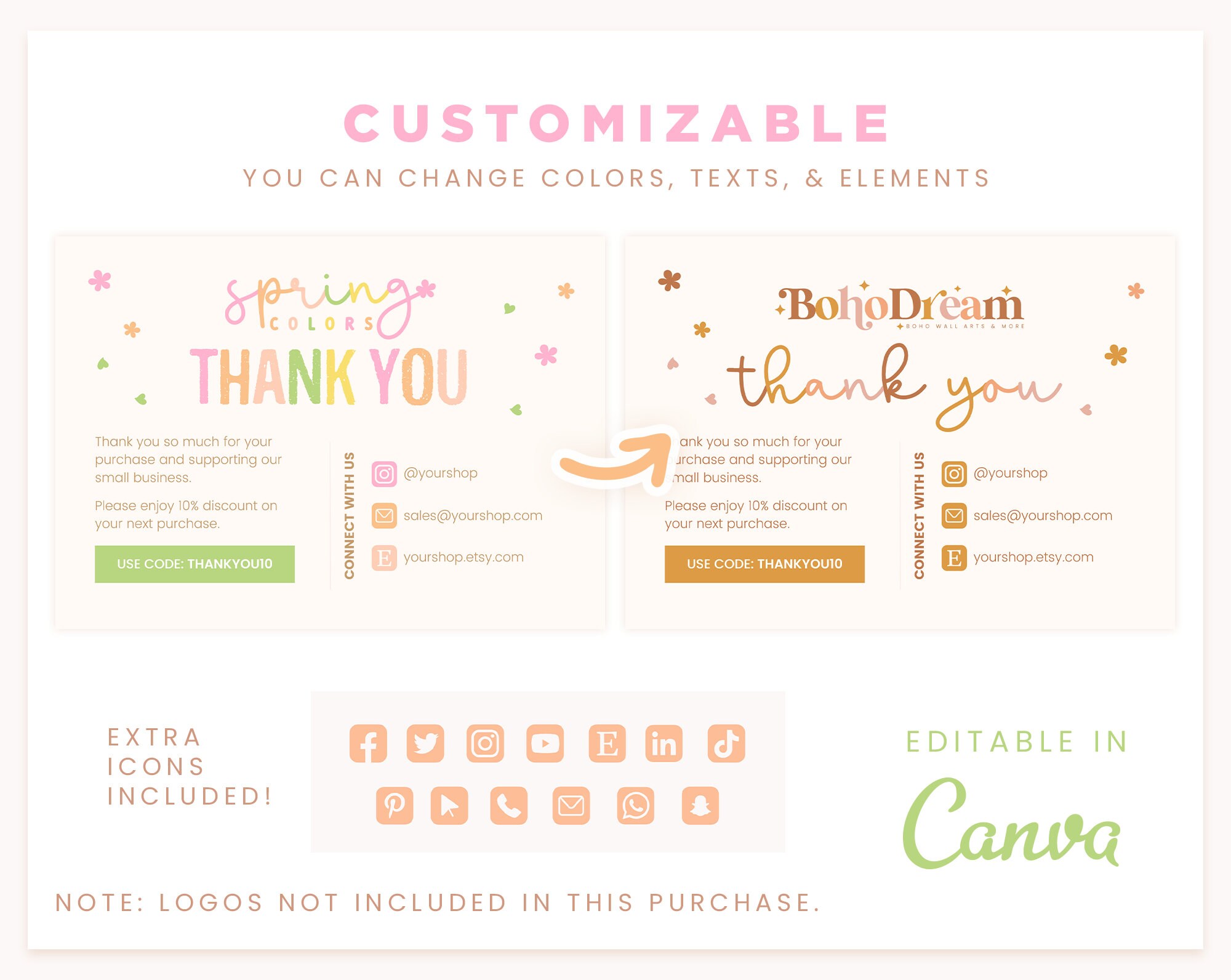 Thank You Card Template Editable in Canva Spring Colorful Rainbow ...