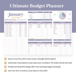 Purple Budget Spreadsheet Extended, Digital Budget Planner, Annual and ...