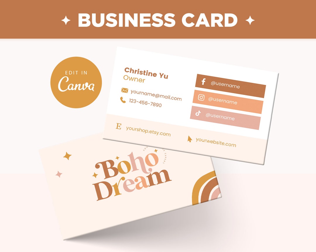 Business Card Template Editable in Canva, Boho Beige Brown Rainbow ...