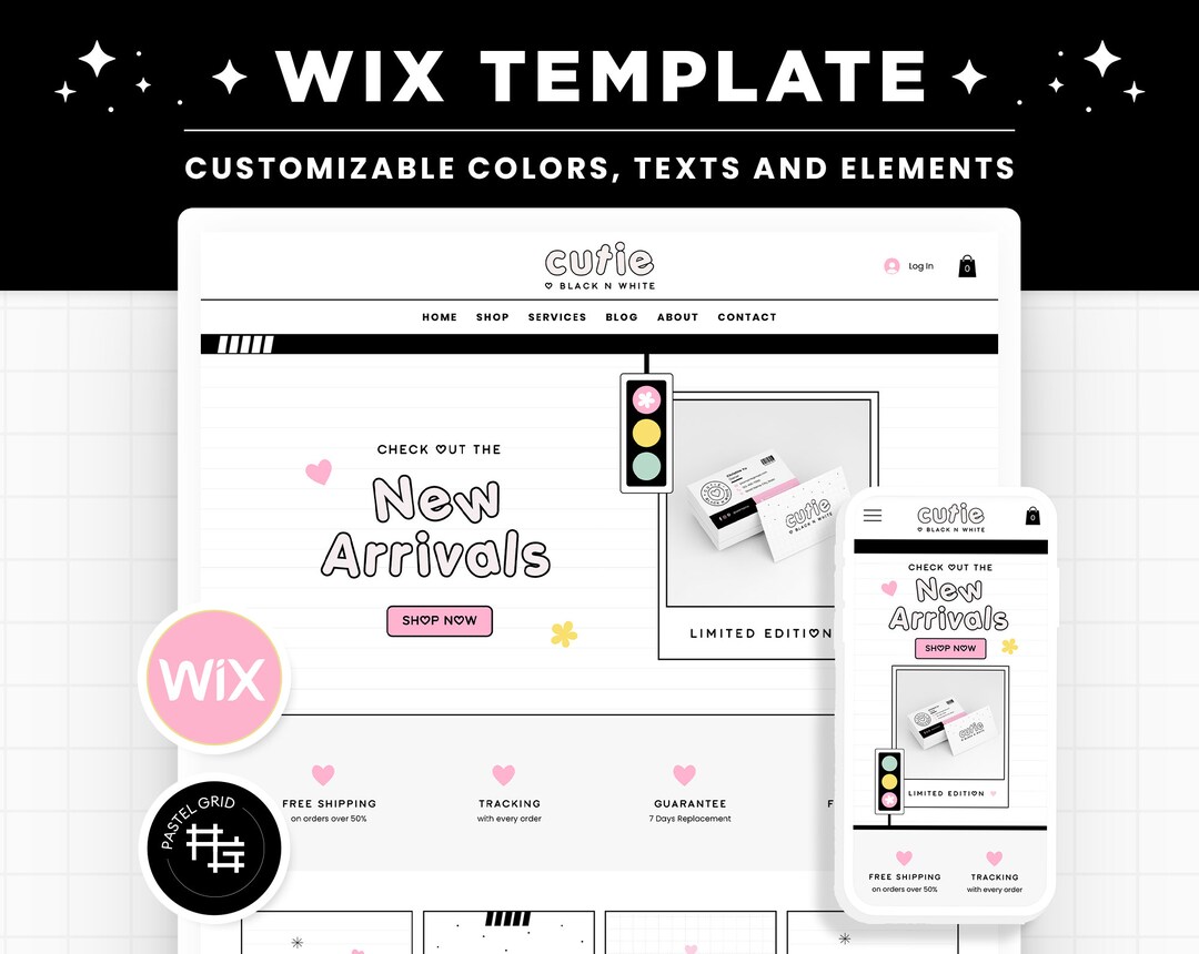 Wix Template in Black White Pink - Cute Wix Website Theme, Editable ...