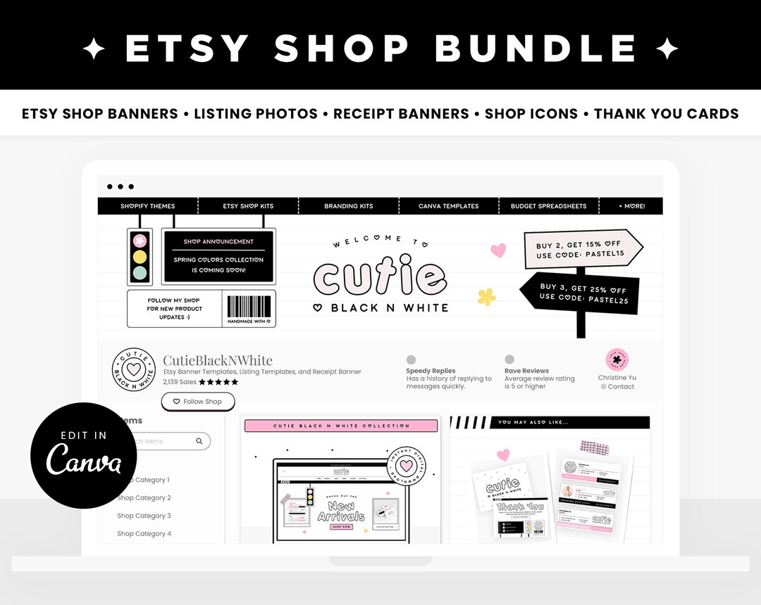 Etsy Shop Bundle Etsy Banner Templates in Cute Black and - Etsy